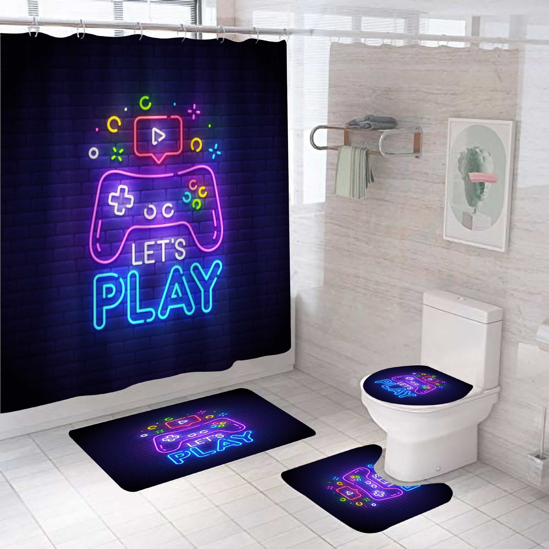 Boys Teal Gaming Shower Curtain Neon Video Game Controller Bathroom ...