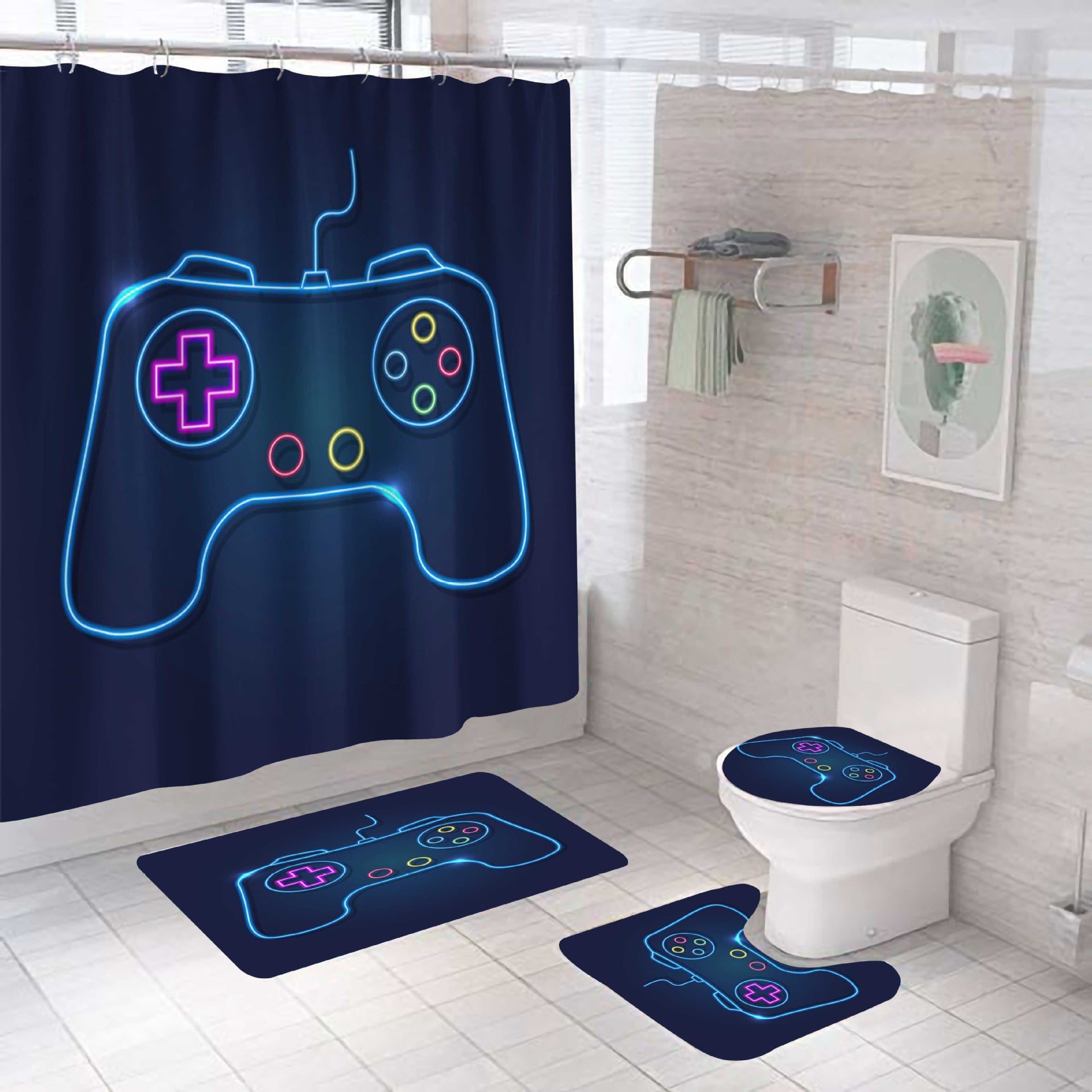Boys Teal Gaming Shower Curtain Neon Video Game Controller Bathroom ...