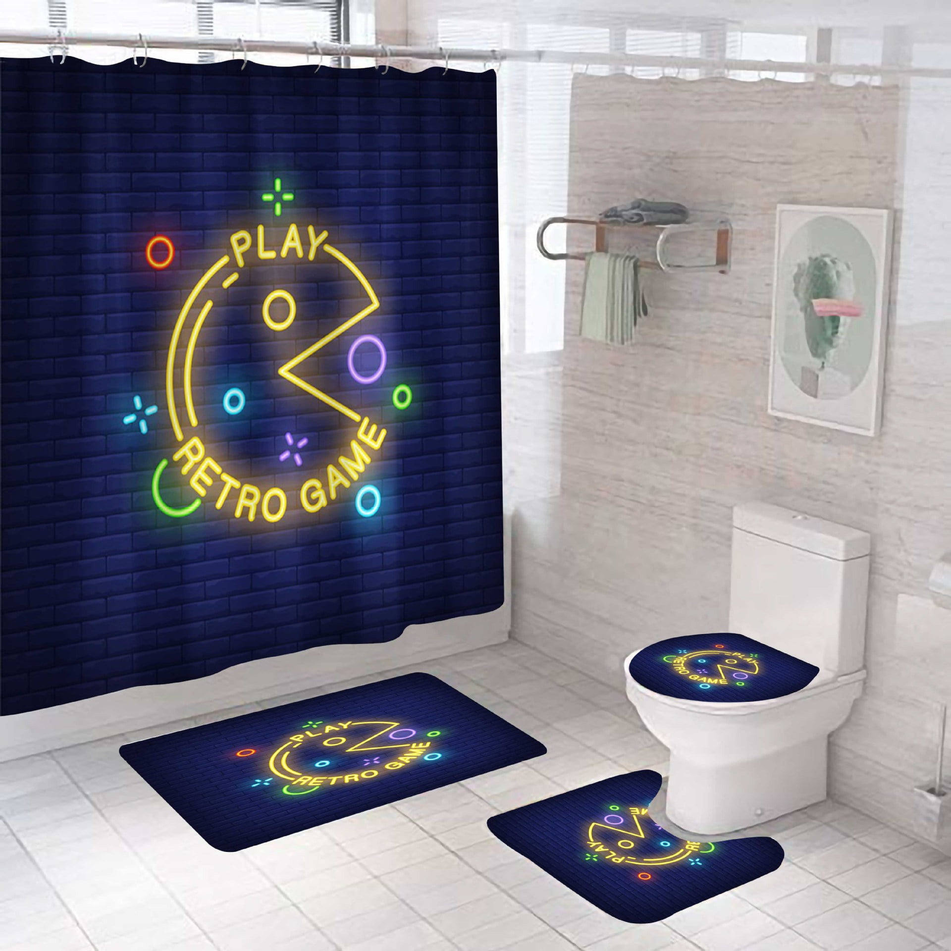 Boys Teal Gaming Shower Curtain Neon Video Game Controller Bathroom ...