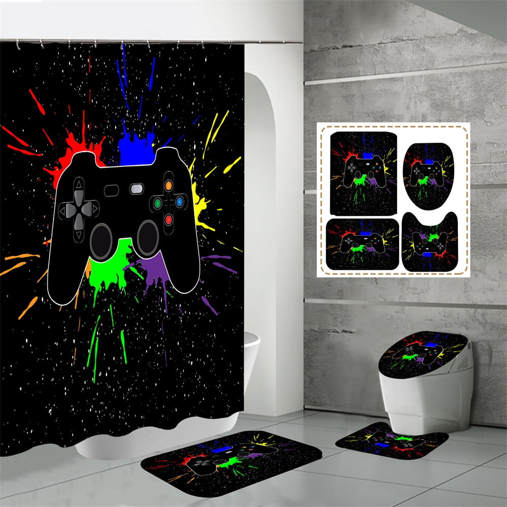 Boys Teal Gaming Shower Curtain Neon Video Game Controller Bathroom ...