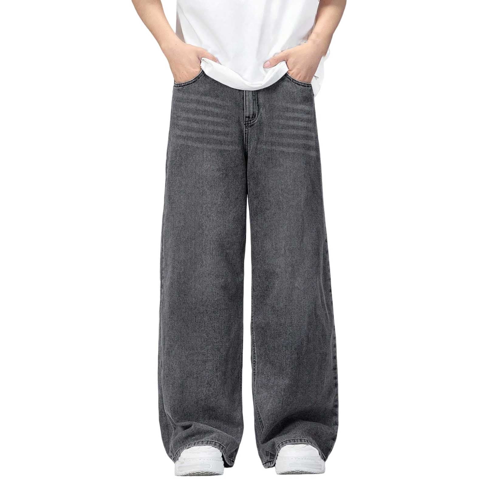 Boys Teenager Washed Denim Wide Leg Jeans, Classic Straight Leg Casual ...