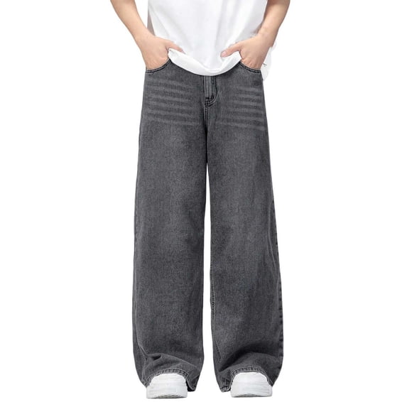 Boys Teenager Washed Denim Wide Leg Jeans, Classic Straight Leg Casual ...