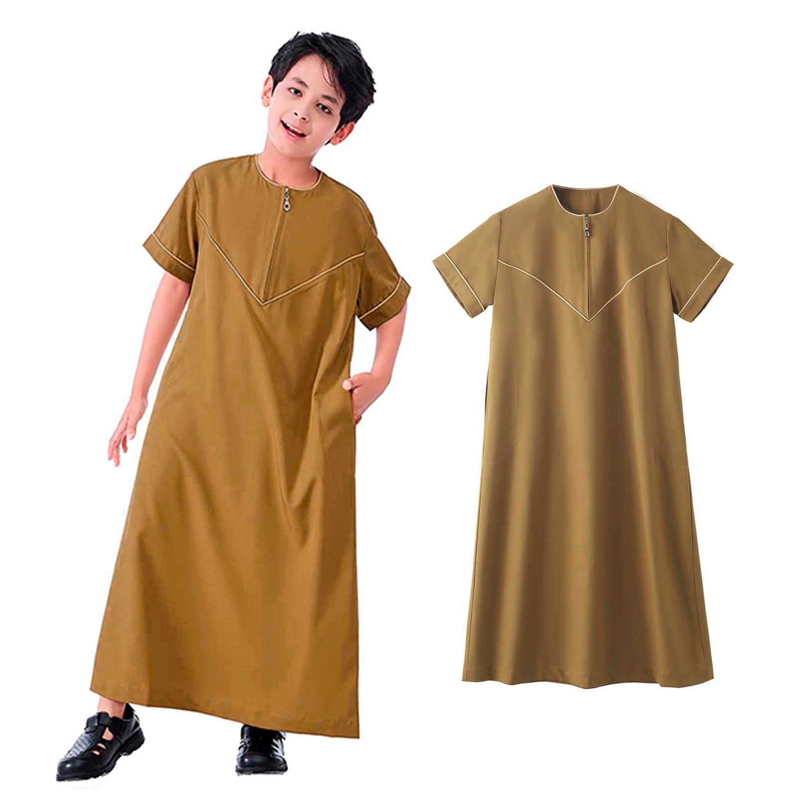 Boys Thobe Casual Short Sleeves Casual Gown Crew Neck Thobes Coffee ...