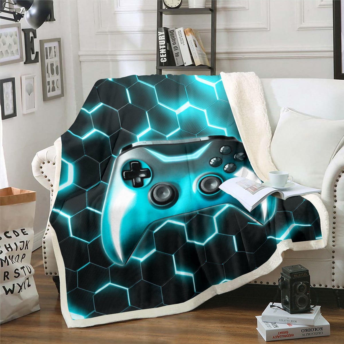 Throw Blanket Gaming Room Decor, Gamer Gamepad Fleece Blanket Honeycomb ...