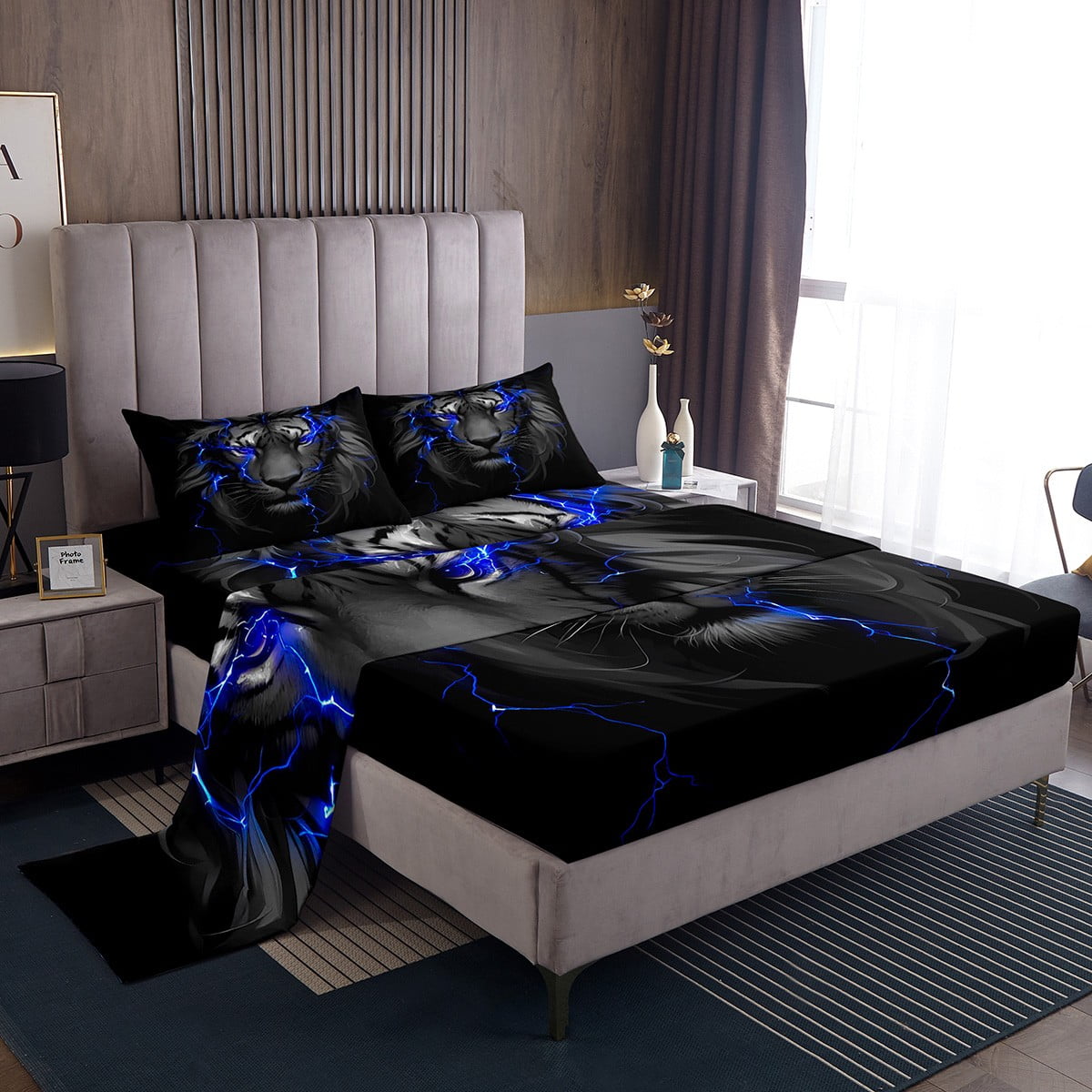 Tiger Bedding Set Queen Black Blue Lightning Tiger Bed Sheets Teen Men ...