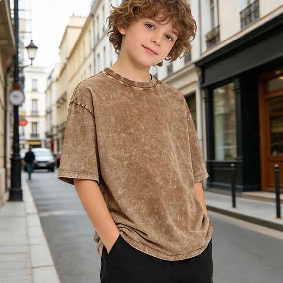 Boys Tops Distressed Washed Style Basic Crewneck Tee Shirt For Casual ...
