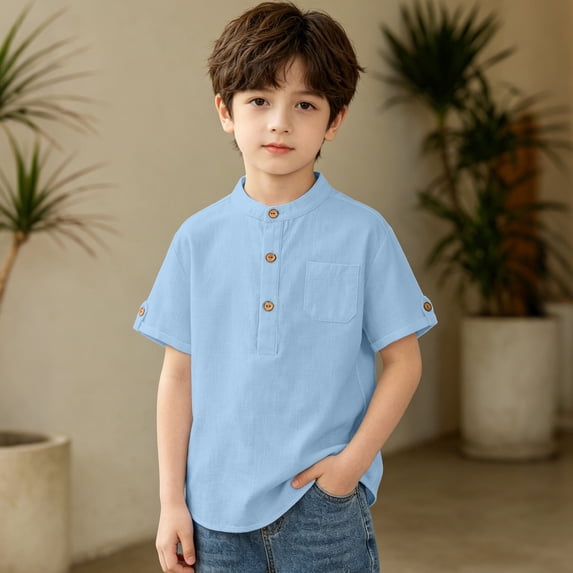 Boys Tops Short Sleeve Button Up Shirt with Pocket for Casual Everyday ...