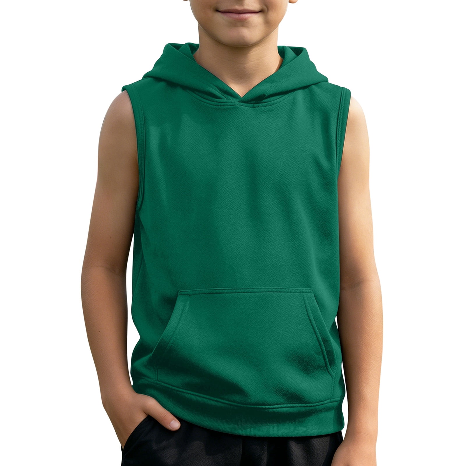 Boys Tops Trendy Muscle Sleeveless Hooded Solid Color Boys Clothing ...