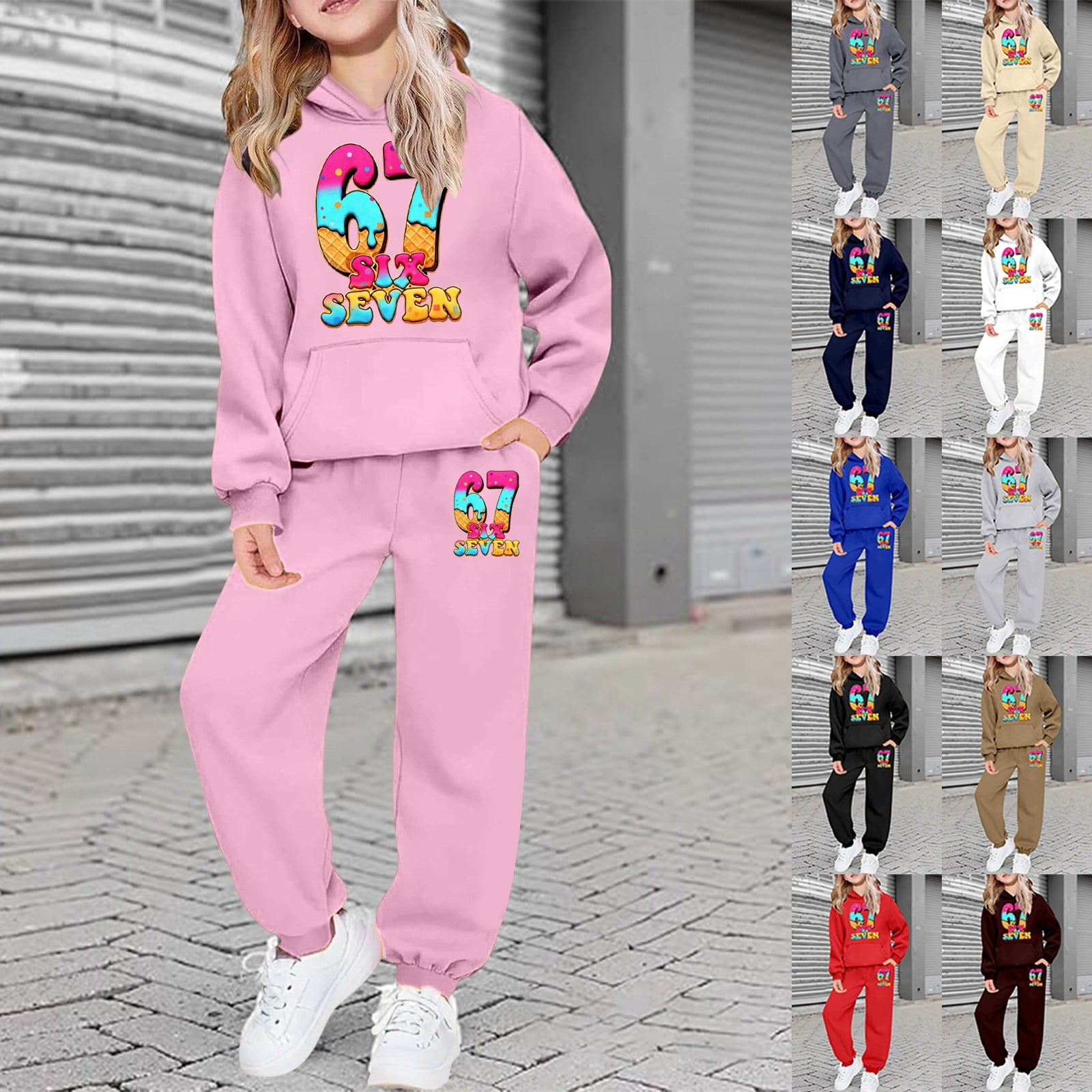 Boys Tracksuit Cartoon 67 Print Hooded Long Sleeve Sweatshirts Joggers ...