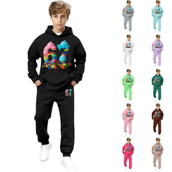 Boys Tracksuit Cartoon 67 Print Hooded Sweatshirt Jogger Pants Casual ...