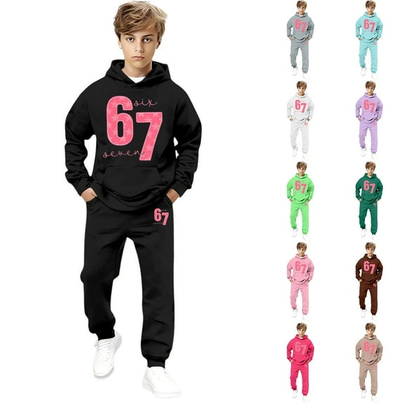 Boys Tracksuit Cartoon 67 Print Hooded Sweatshirt Jogger Pants Casual ...