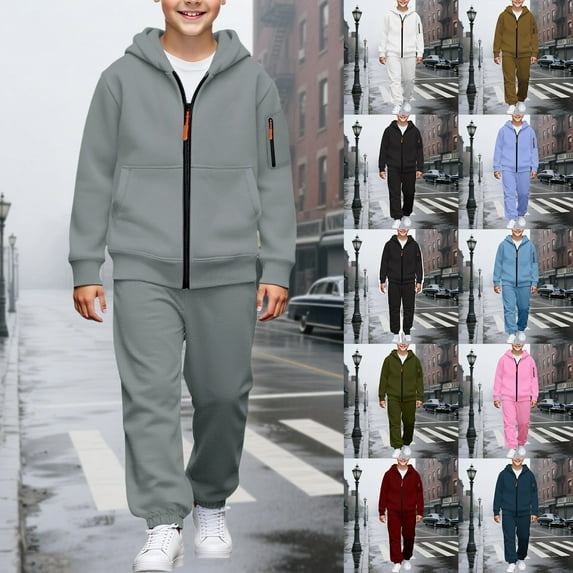 Boys Tracksuit Casual Solid Color Full Zip Hoodies Joggers Soft ...