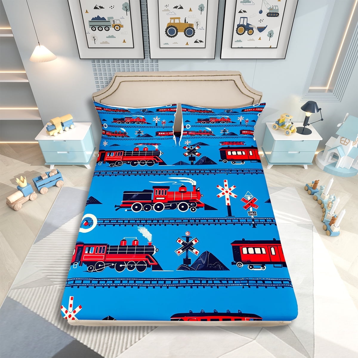 Boys Train Twin Bed Sheets Set Cartoon Car Toddler Bedding Set,Traffic ...
