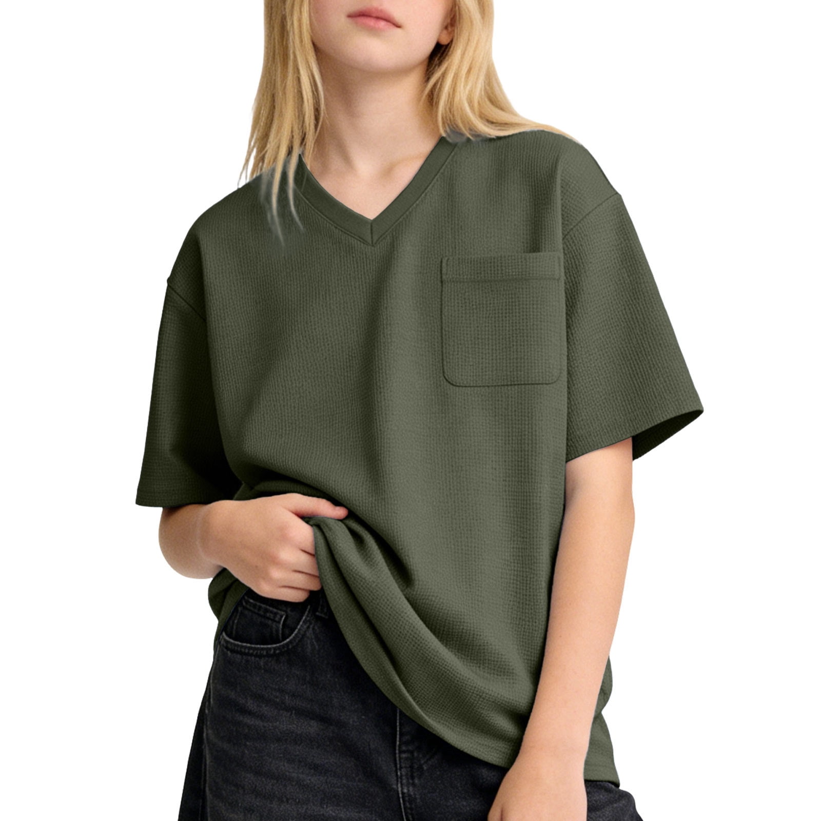 Boys Tshirt Short Sleeve V-Neck Drop Shoulder T-Shirt for Boys Waffle ...