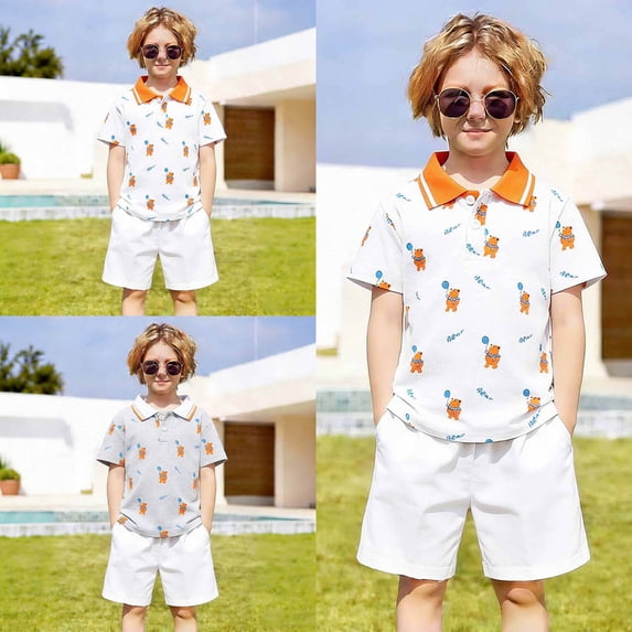 Boys Tshirts Cartoon Print Lapel Short Sleeve Button Polo Shirt Tops ...