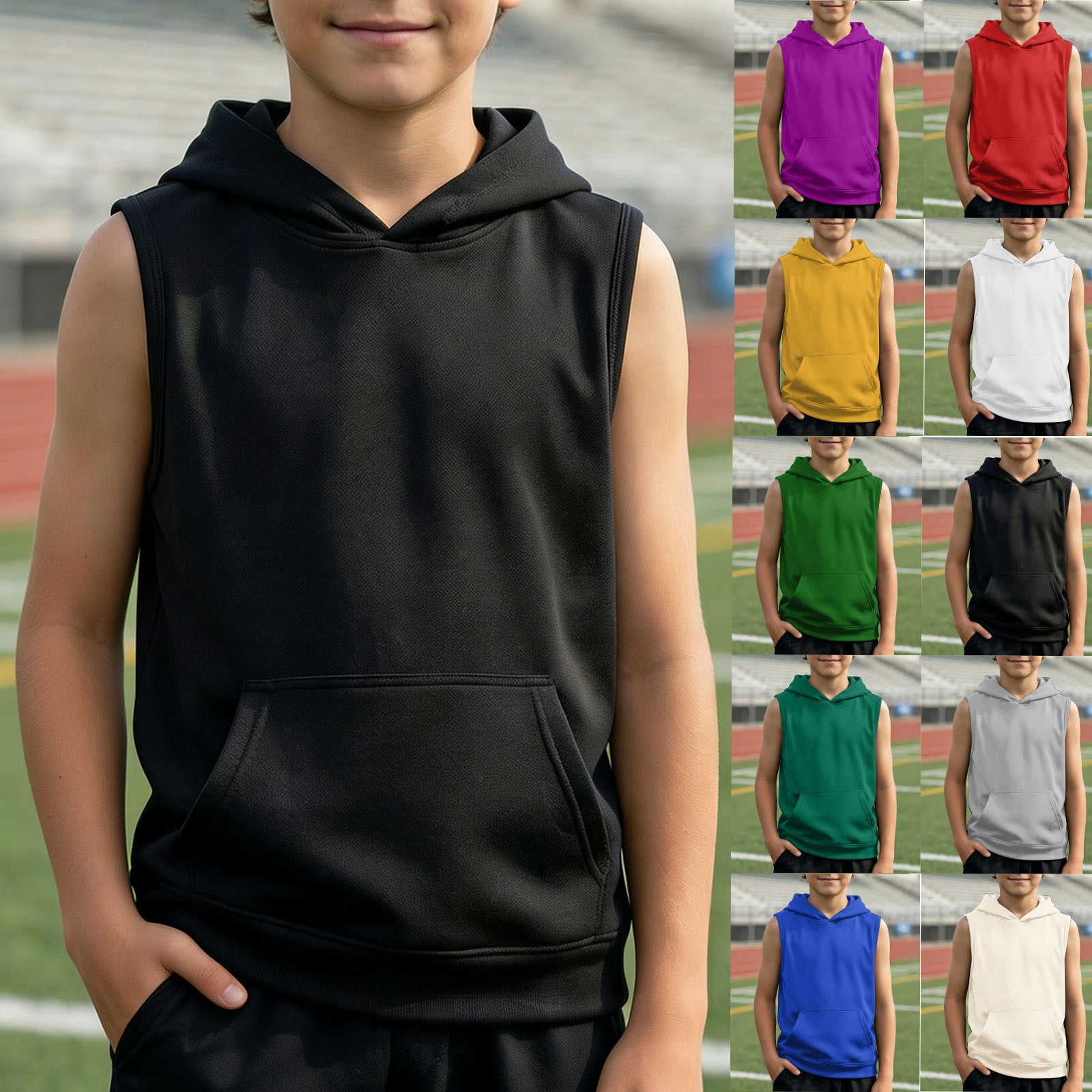 Boys Tshirts Crew Neck Solid Print Sleeveless Hooded Tank Top for Sport ...