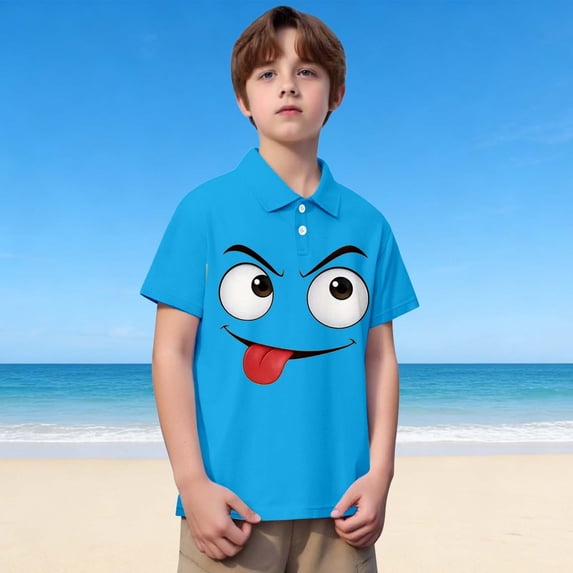 Boys Tshirts Loose Fit Graphic Print Lapel Short Sleeve Button Polo ...
