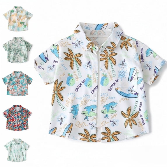Boys Tshirts Short Sleeve Lapel Button Coconut Tree Print Shirt Tops ...