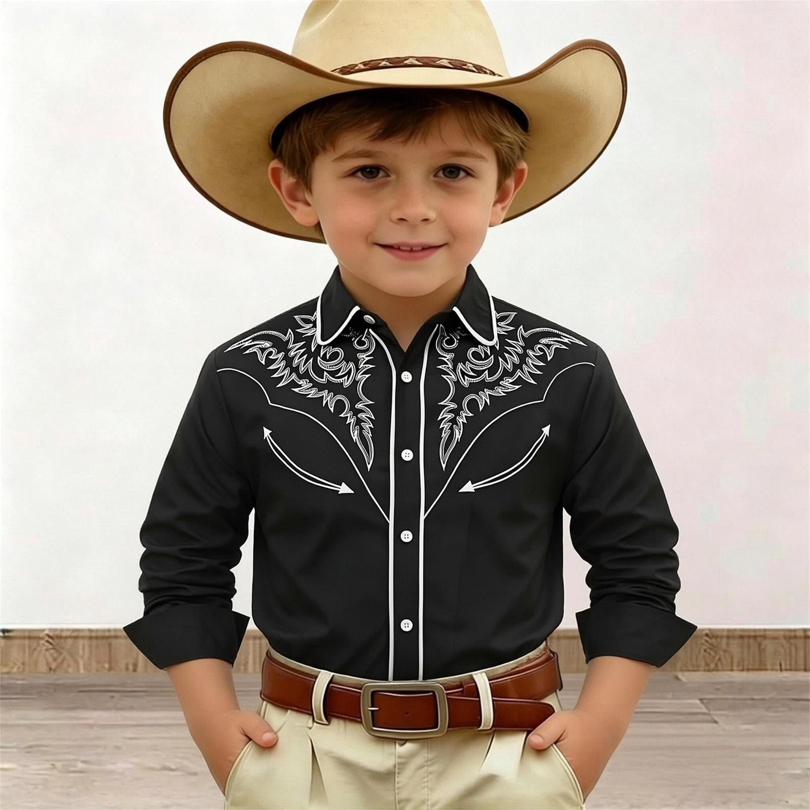 Boys Tshirts Western Cowboy Embroidered Graphic Print Lapel Long Sleeve ...