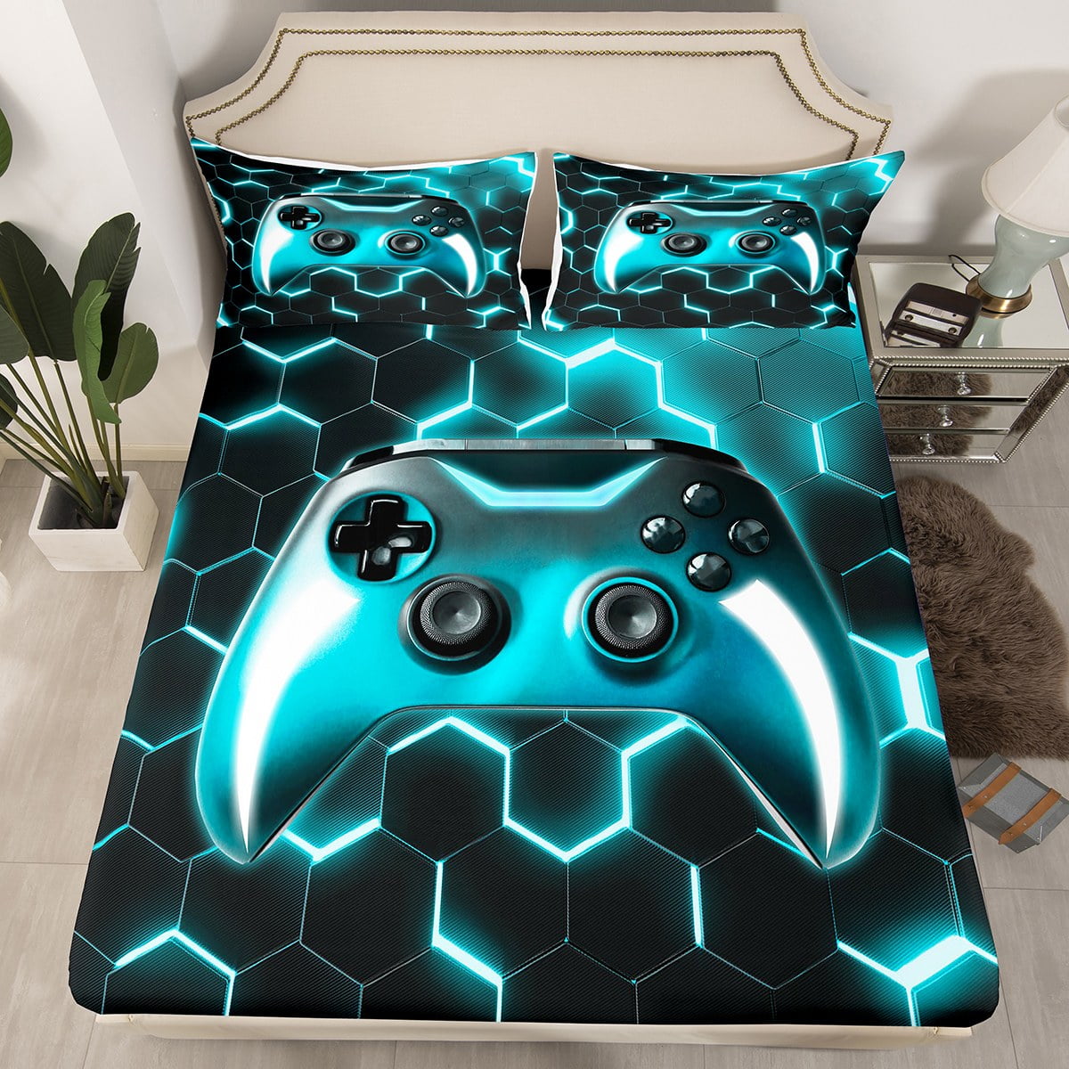 Boys Twin Size Bedding Set Gaming Room Decor, Gamer Gamepad Fitted ...