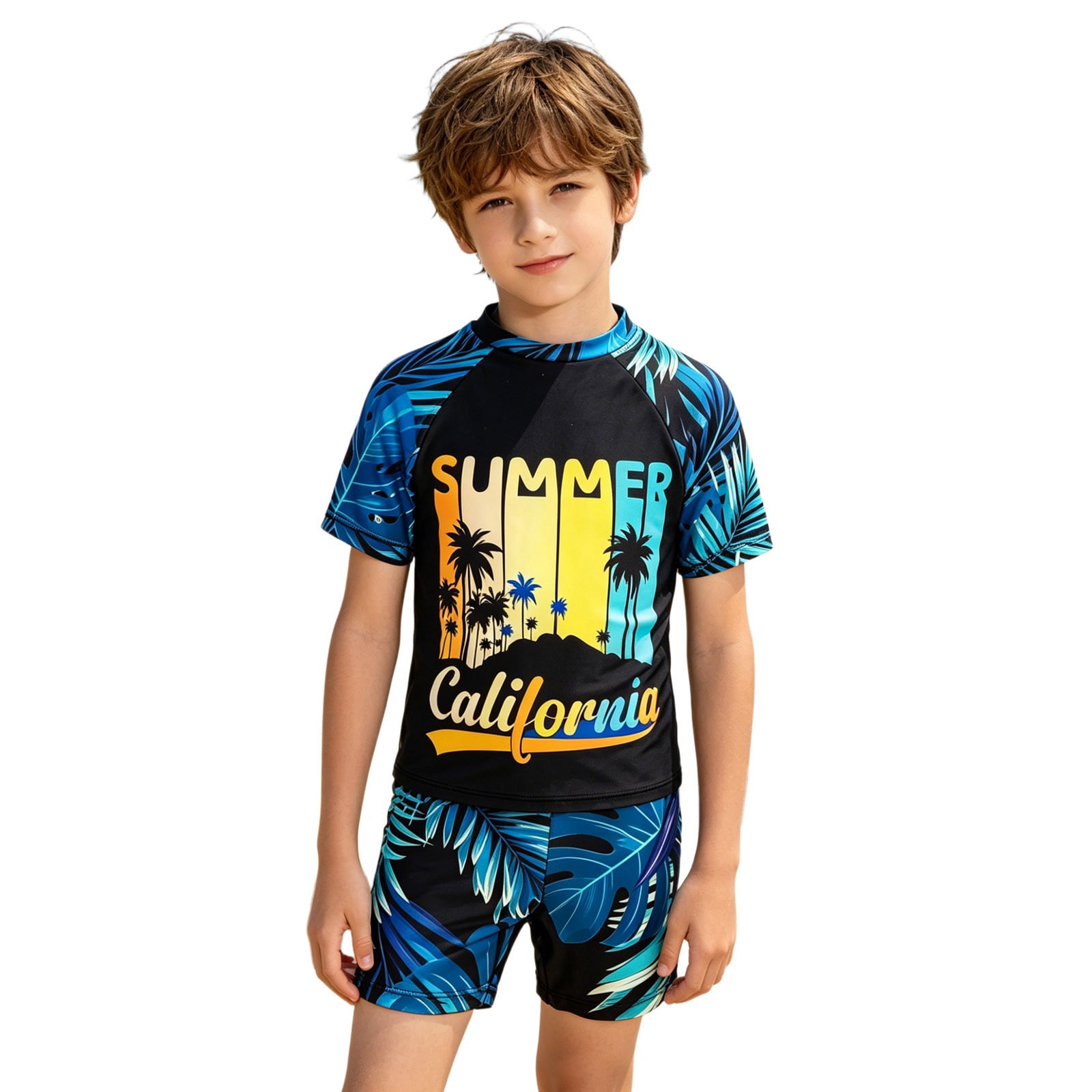 Boys Two Piece Rash Guard and Swim Trunks Outfit Set Kids Short Sleeve ...