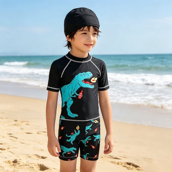 Boys UPF Long Sleeve Cartoon Dinosaur Print Rash Guard Set with Shorts ...