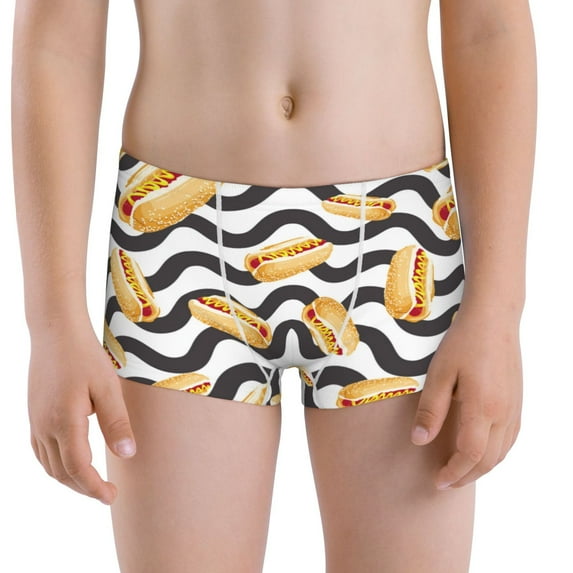 Boys Underwear - Hot Dog Print Wave Black Soft 100% Cotton Boys Boxer Briefs Lightweight Stretch ...
