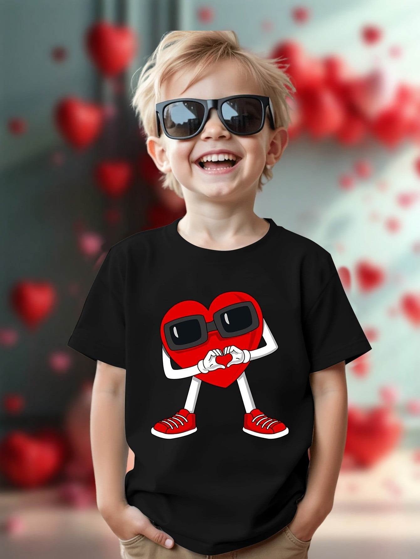 Boys' Valentine'S Day Cute Heart Gesture Cartoon Print T-Shirt, Casual ...