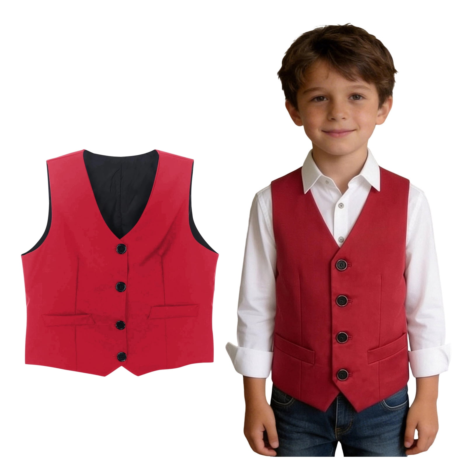 Boys Vest Sleeveless Button Up Red Vest Suit Uniform Shirt Kid Boys ...