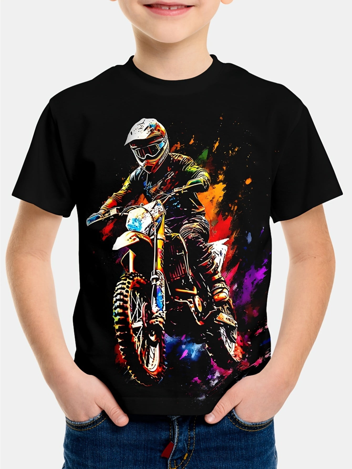 Boys' Vibrant Motorcycle 3D Print T-Shirt – Short Sleeve, Lightweight & Comfortable Casual ...
