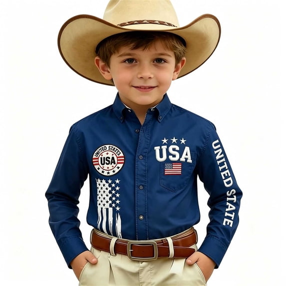Boys Vintage Western Style Button Down Shirts, Kids USA Flag Embroidery ...