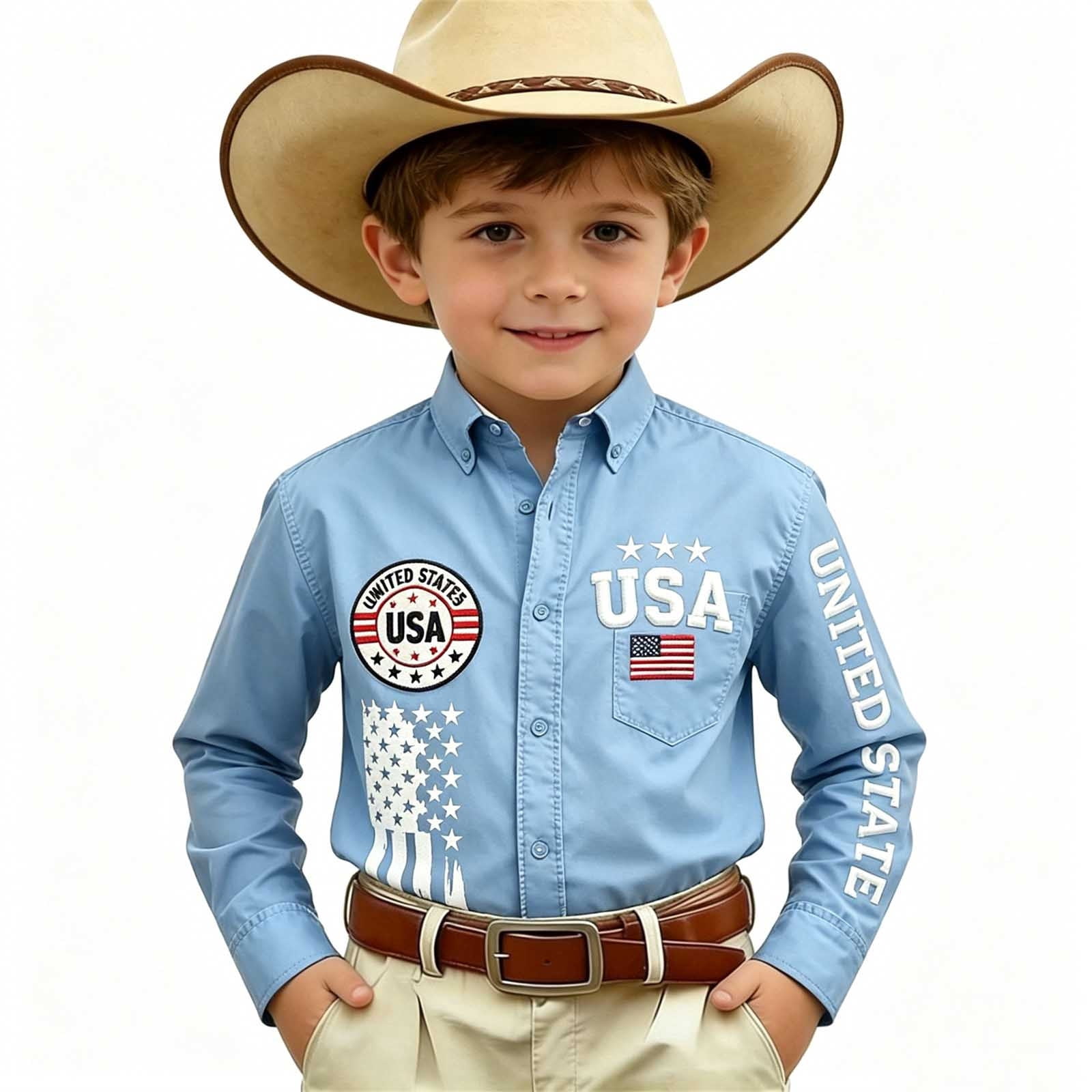 Boys Vintage Western Style Button Down Shirts, Kids USA Flag Embroidery ...
