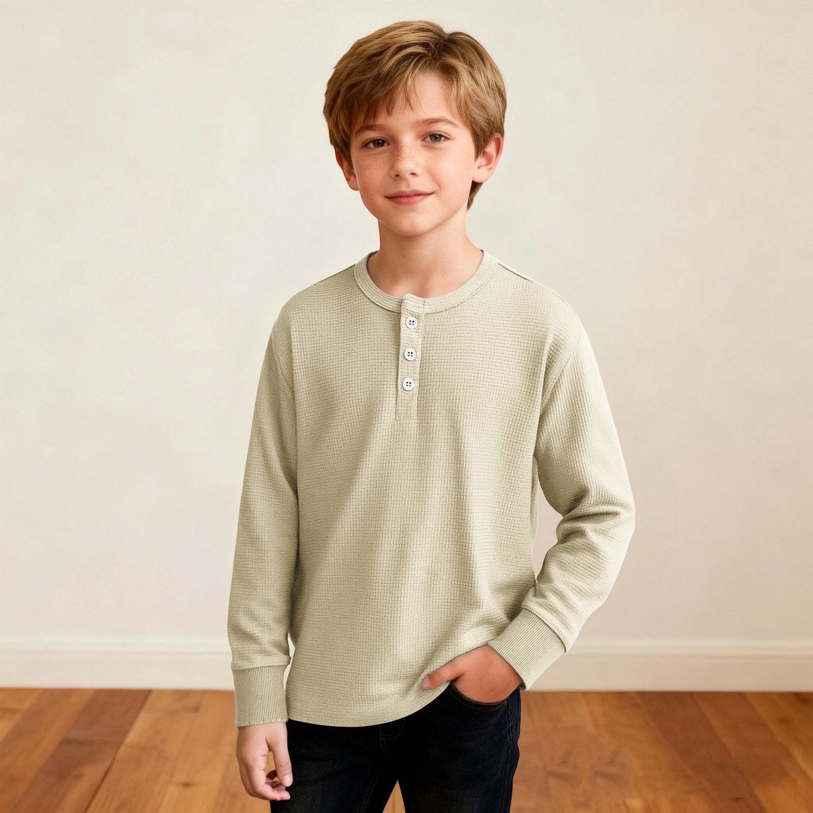 Boys Waffle Knit Henley Shirt Long Sleeve, Soft Thermal Top for Kids ...