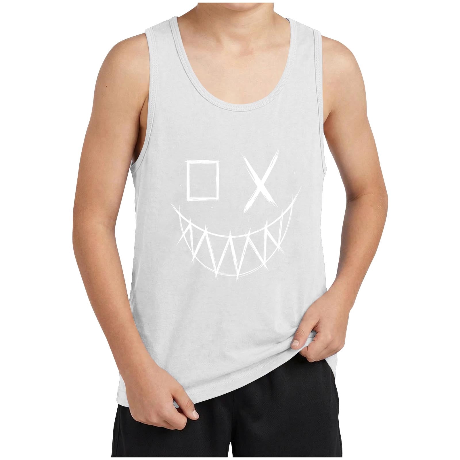 Boys White Graphic Tank Top, Short Sleeve Muscle Tee for Kids, Stretch ...