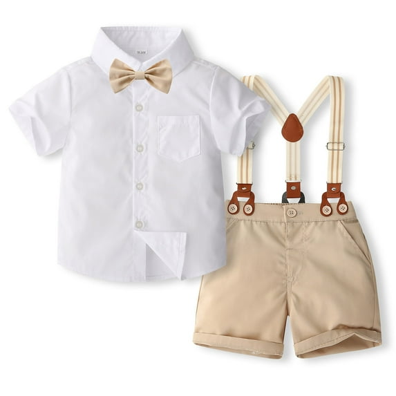 Boys' White Short-Sleeve Collar Shirt & Brown Belted Shorts Set ...