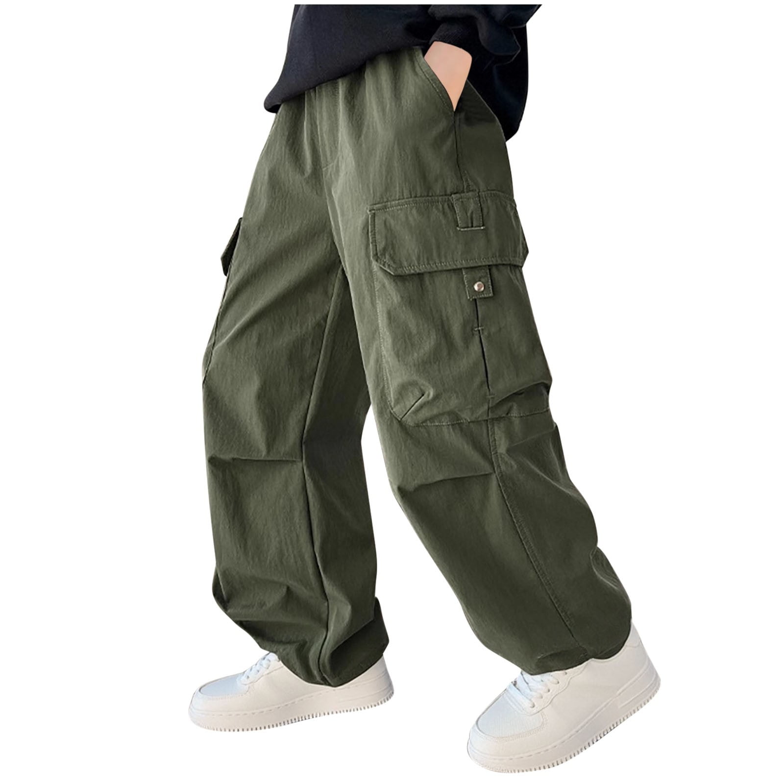 Boys Wide Leg Cargo Pants - Elastic Waist Drawstring Casual Pants with ...