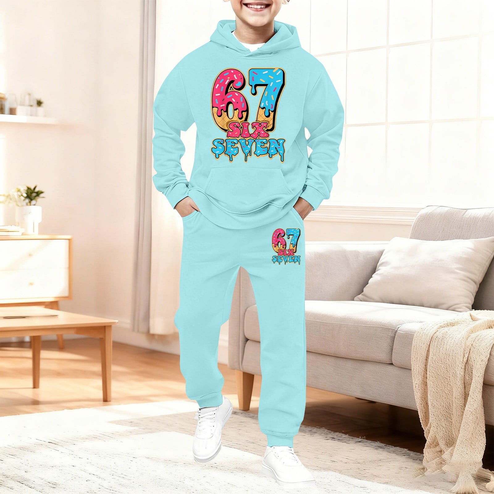 Boys Winter Outfit with Print Hoodie and Jogger Pants, Warm Fleece Set ...