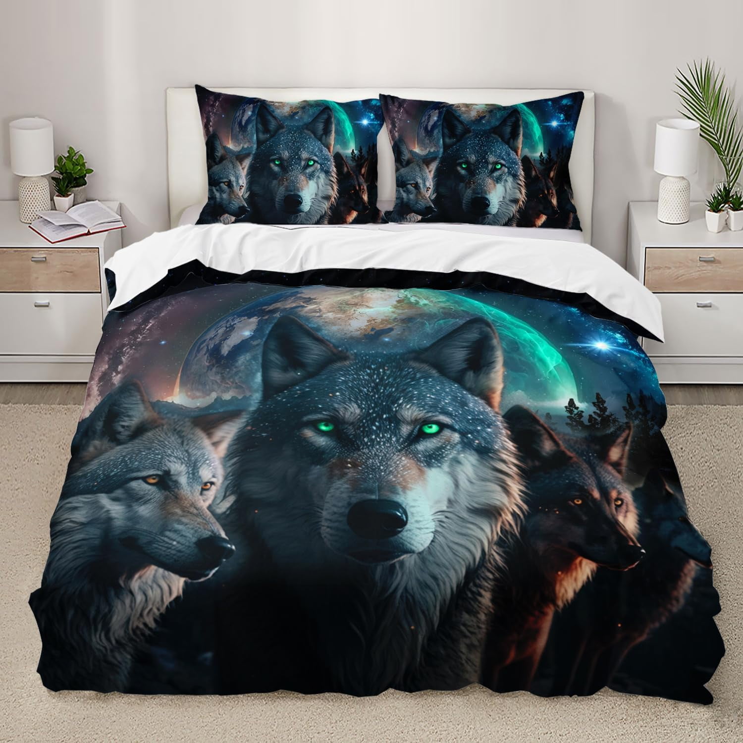 Boys Wolf Duvet Cover Set, 3D Blue Sky Starry Galaxy Bedding Set,Wild ...
