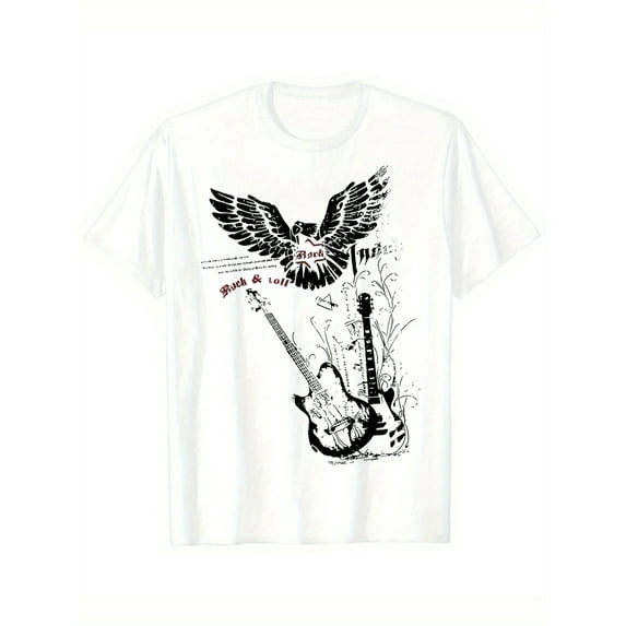 Boys' Y2K-Inspired Graphic T-Shirt - Eagle & Guitar Design, Black ...