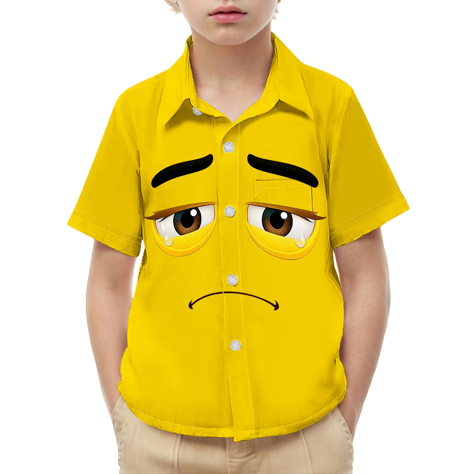 Boys' Yellow Graphic Face Button Down Shirt, Expressive Print Short ...