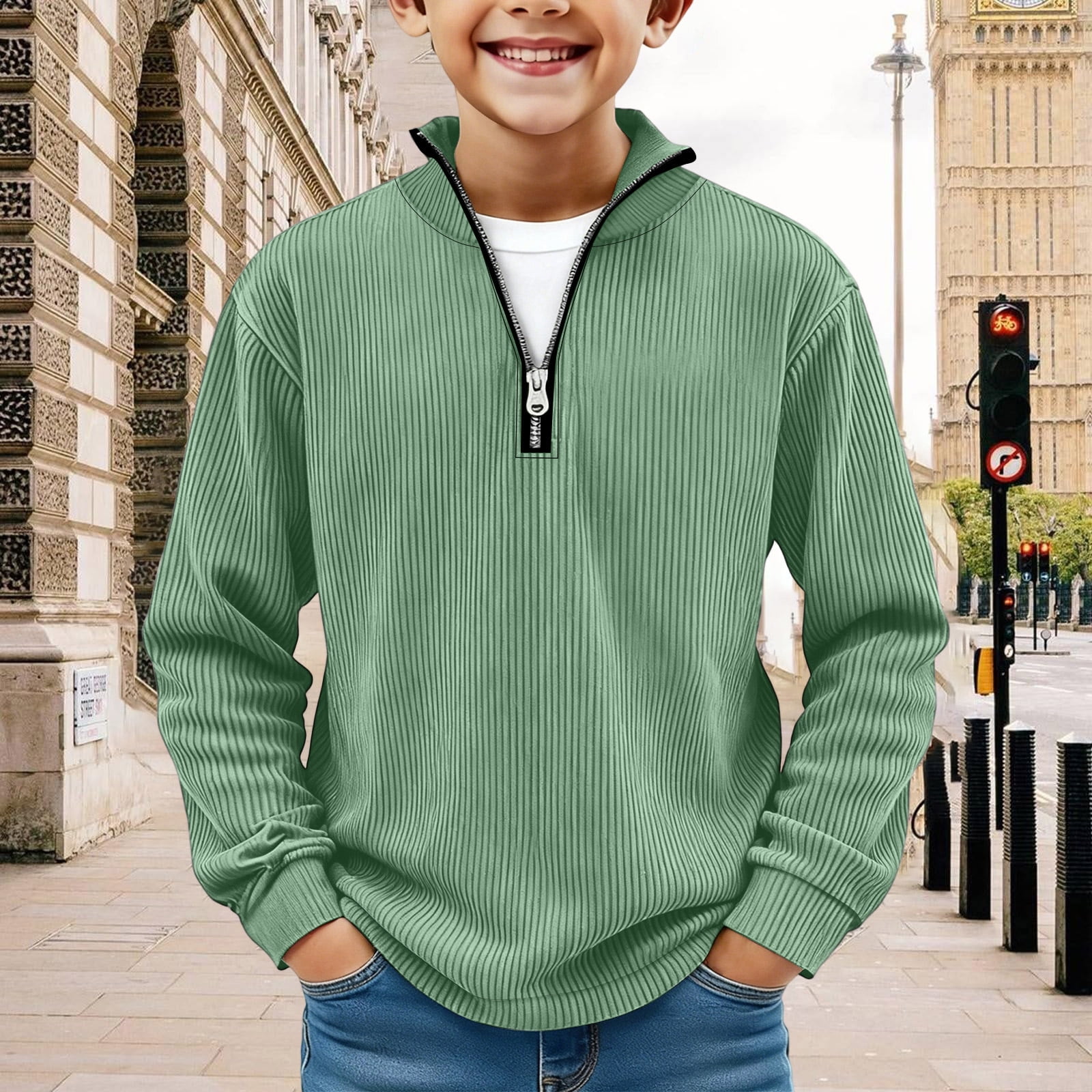 Boys Zip Up Sweatshirt Solid Color Pullover Fashion Quarter Zip Up Long ...