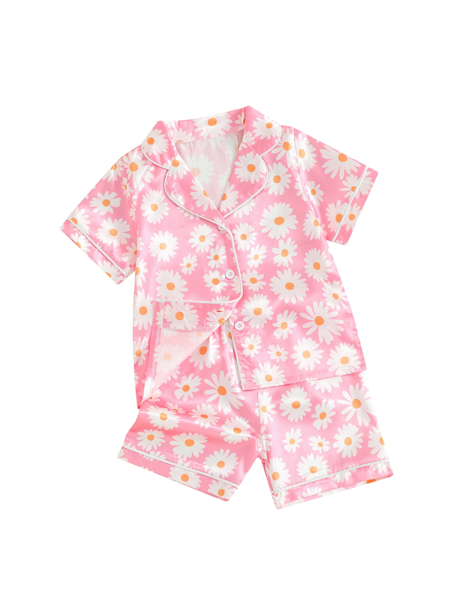 Boys and Girls Satin Pajama Set, Short Sleeve Button Down Daisy Print ...
