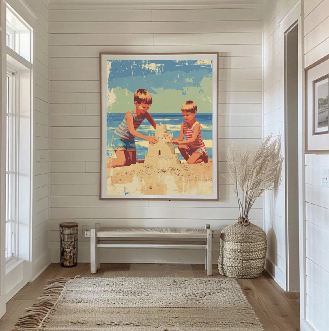 Boys at the Beach Sand Castle Retro Beach Sandcastle Summer Poster ...