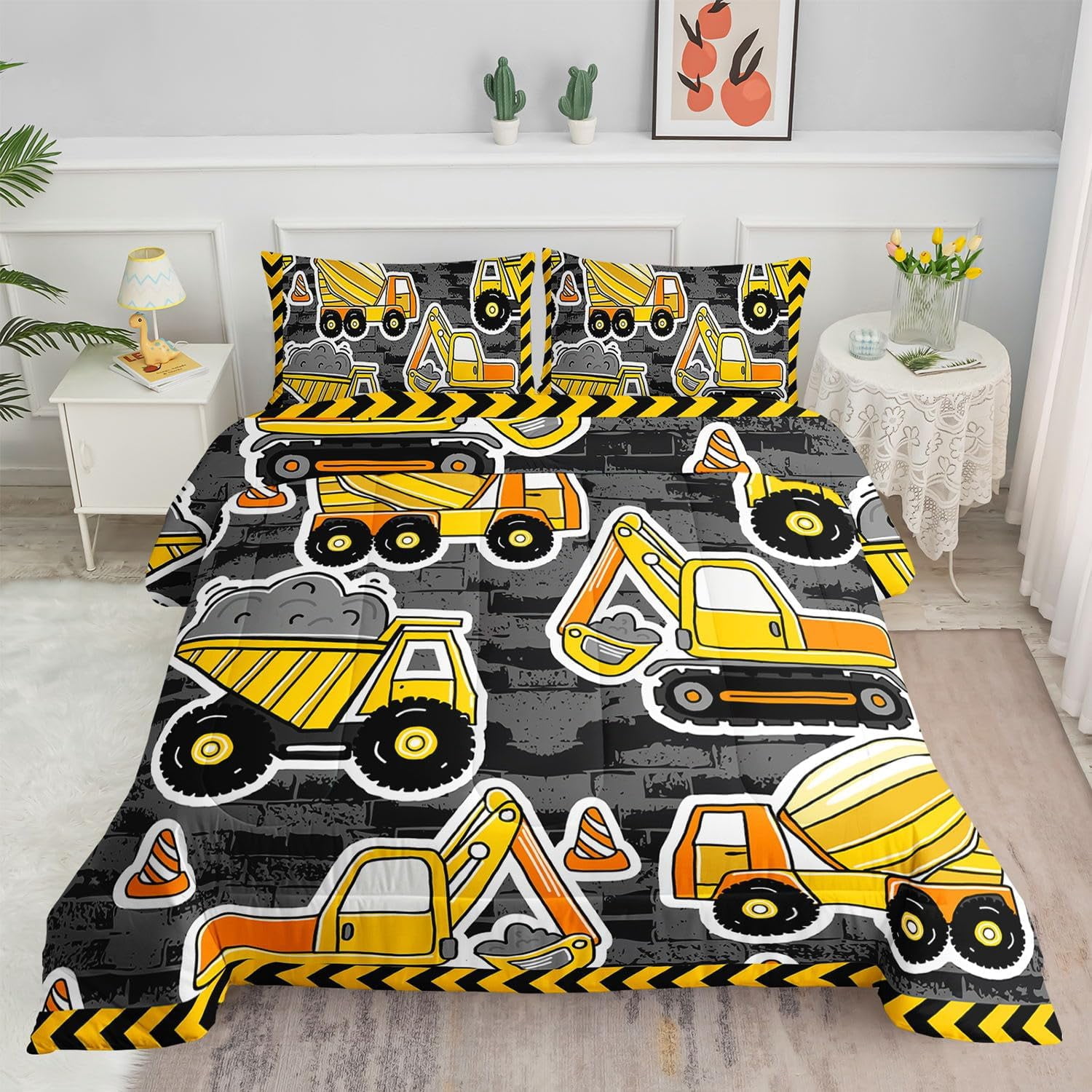 Boys truction Comforter Set Cartoon Excavator Car Printed Bedding Set ...
