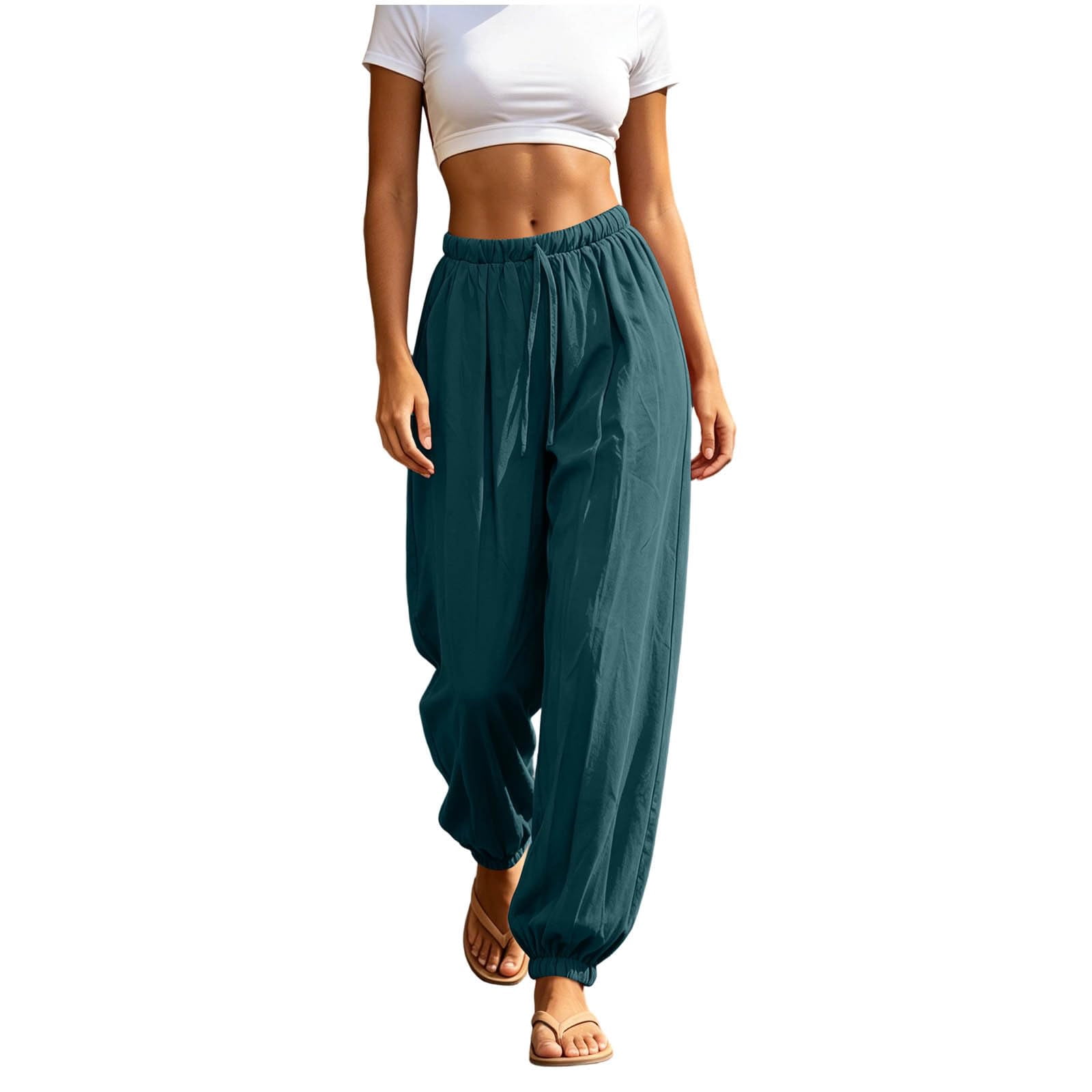Boyscolos Loose Harem Pants for Women Casual Drawstring Elastic Waist ...