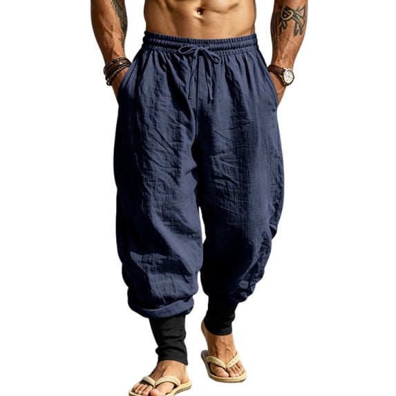 Boyscolos Men's Loose Fit Pants Linen Harem Joggers, Lightweight ...