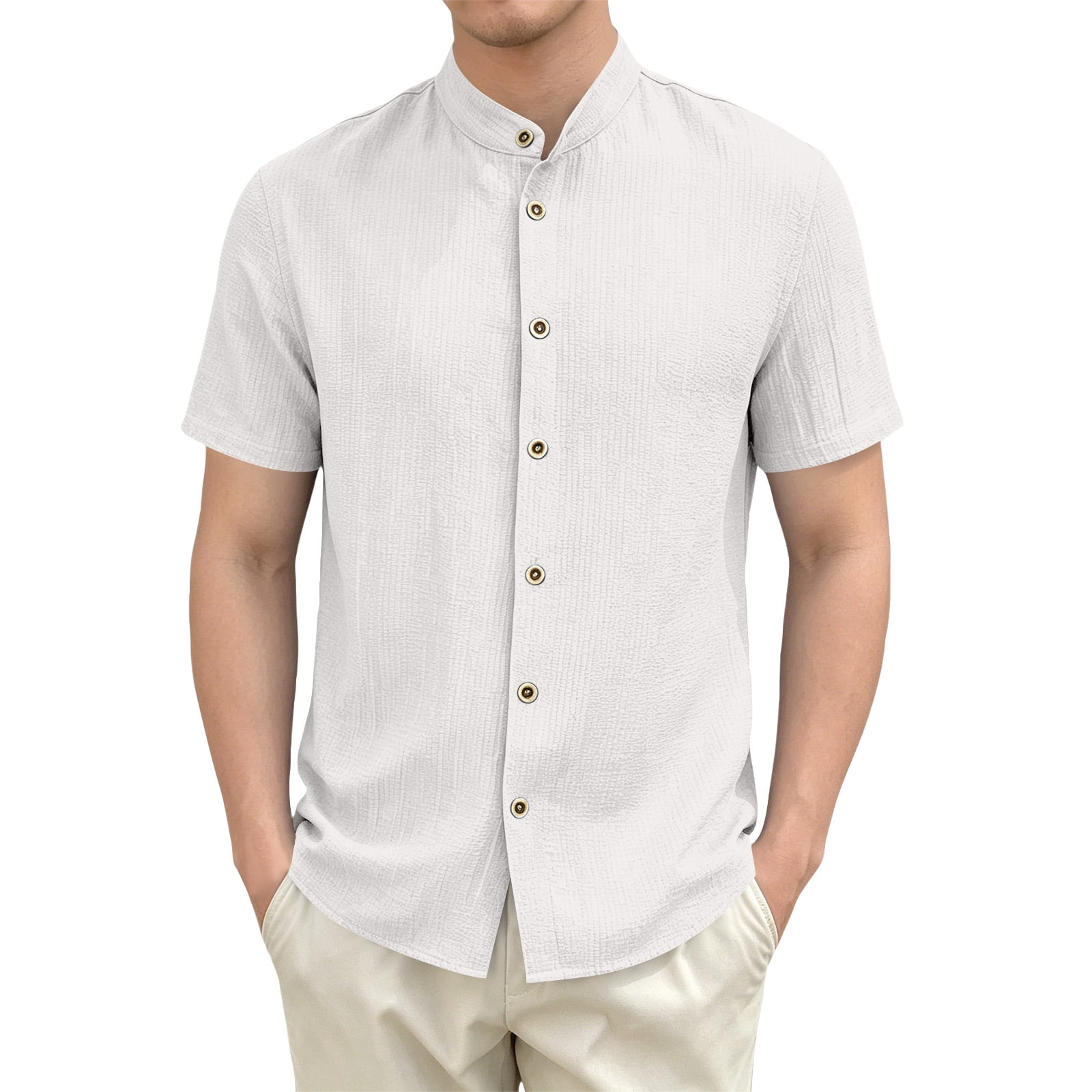 Boyscolos Mens Banded Collar Dress Shirts Short Sleeve Button Down ...