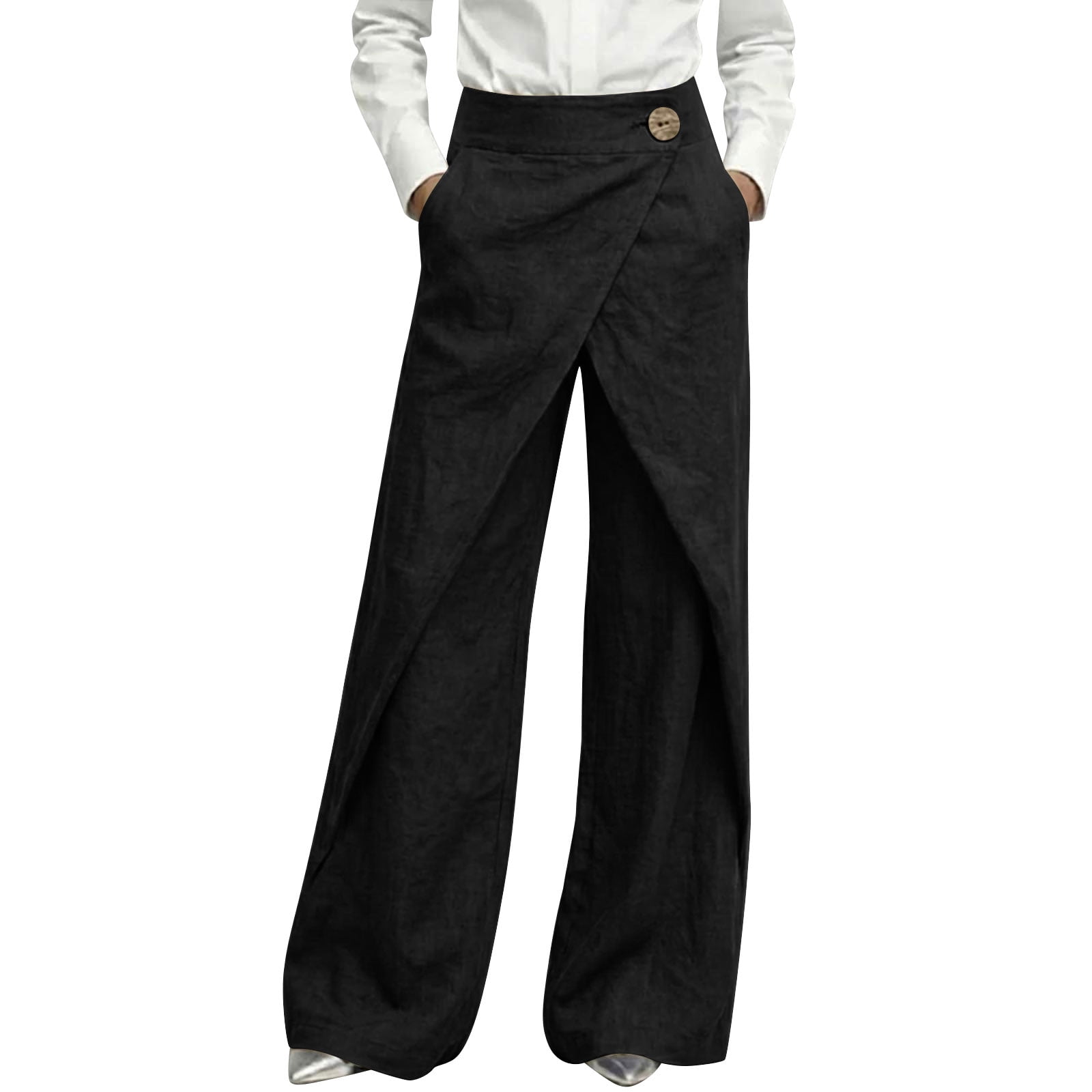 Boyscolos Women's Wrap Linen Pants Elegant High Waisted Straight Leg ...