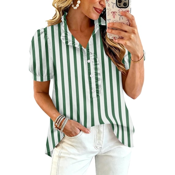 Boyscolos Womens Polo Shirts Puff Short Sleeve Summer Striped Plaid ...