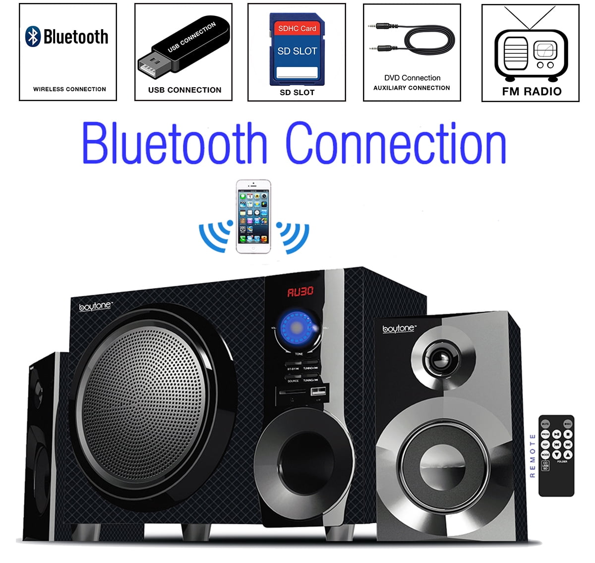 Boytone BT-215FD Wireless Bluetooth Home Stereo System, 55W, FM Radio ...
